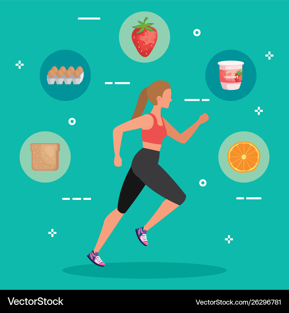 Woman running with bread and eggs yogurt Vector Image
