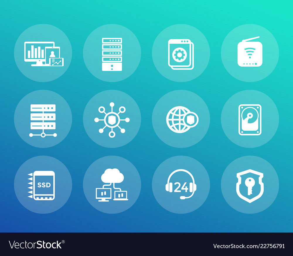 Hosting servers network icons set Royalty Free Vector Image