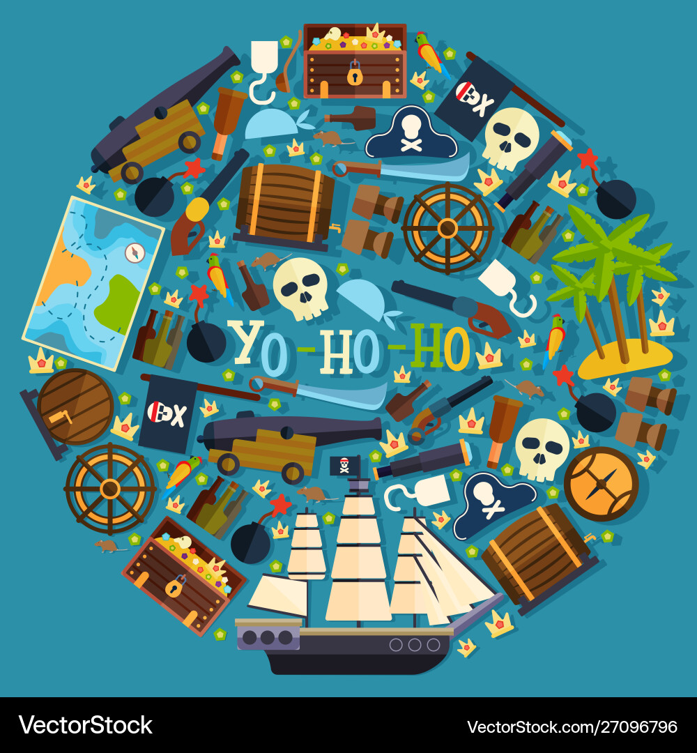Pirate symbols and attributes in round frame Vector Image