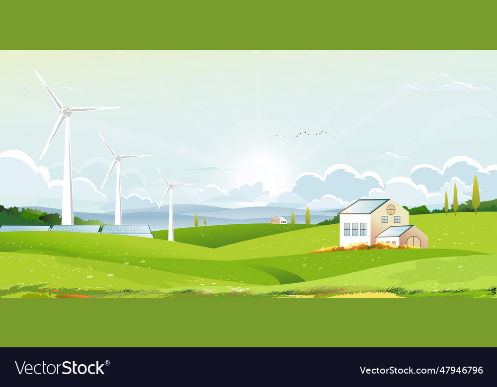 Spring green fields landscape with sun over Vector Image
