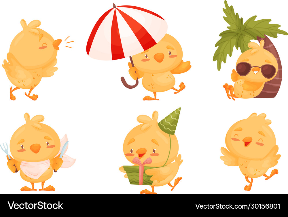 Cartoon chicken character sitting under palm tree Vector Image