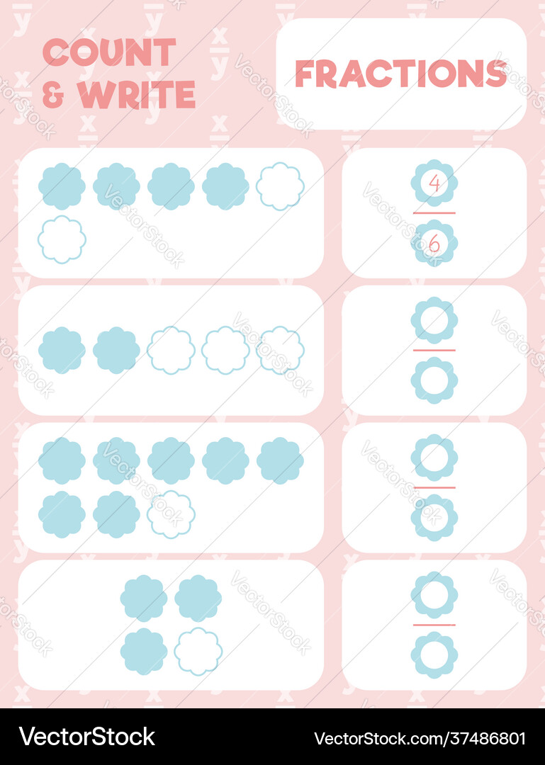 Fractions worksheet math practice print page Vector Image
