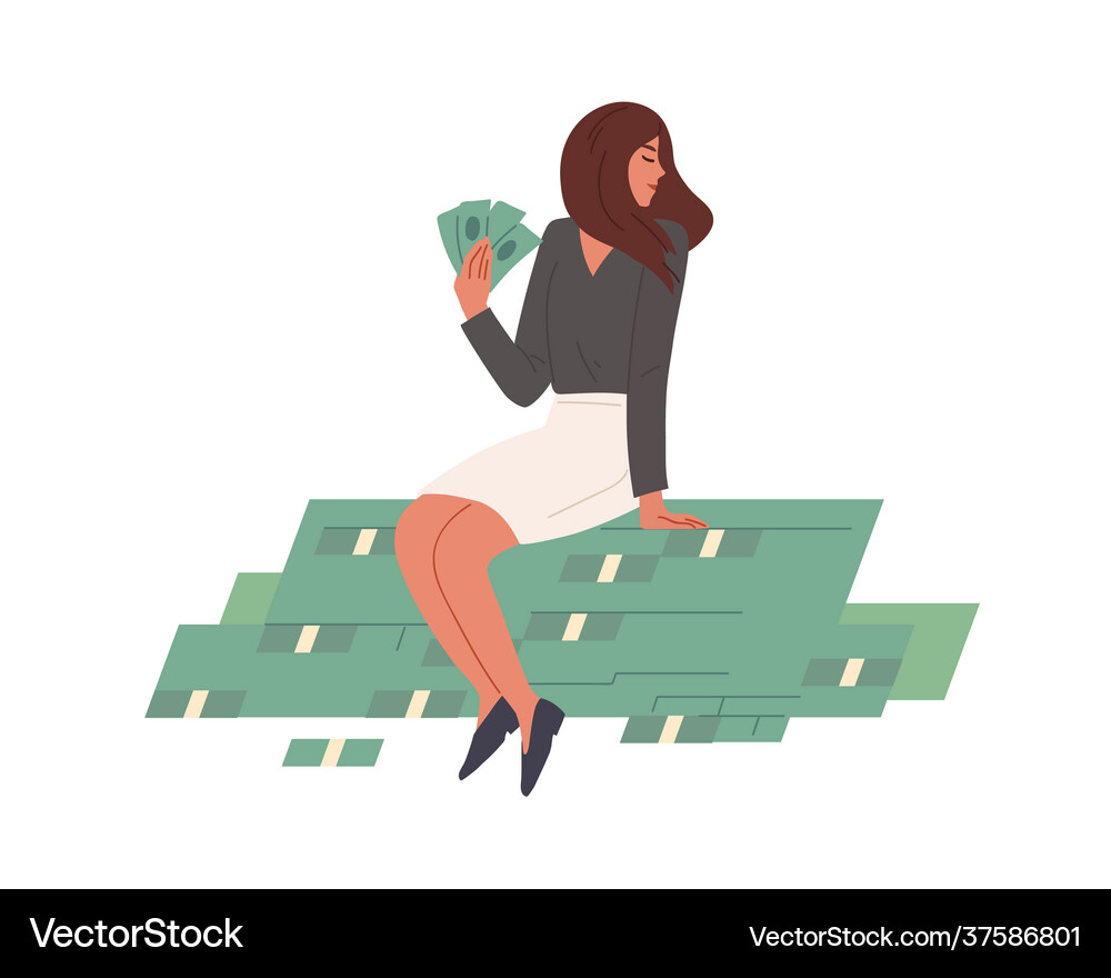 Happy rich woman sitting on stack money Royalty Free Vector