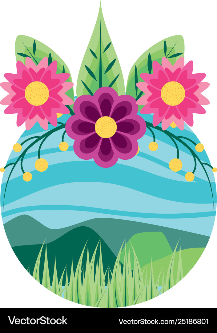 Landscape nature in frame circular with flowers Vector Image
