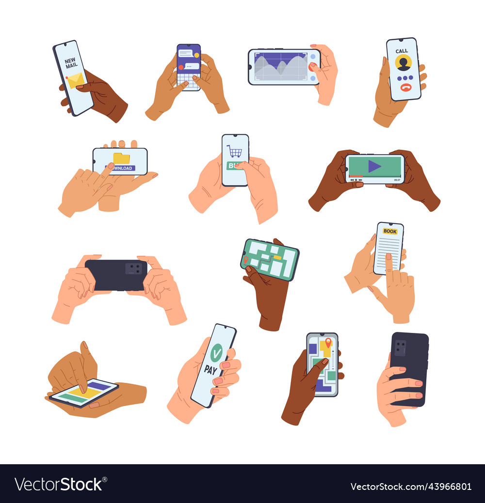 Set of hands holding smartphones with different Vector Image
