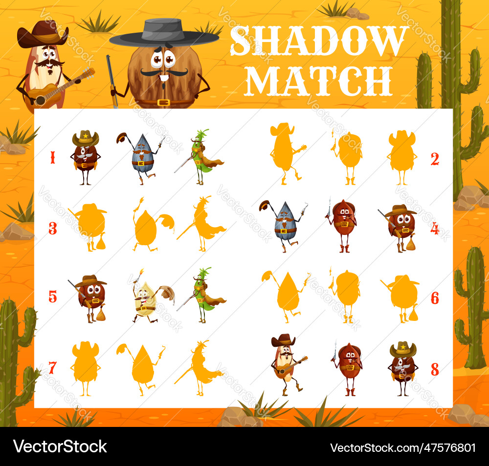 Shadow matching game with cartoon nut cowboy Vector Image