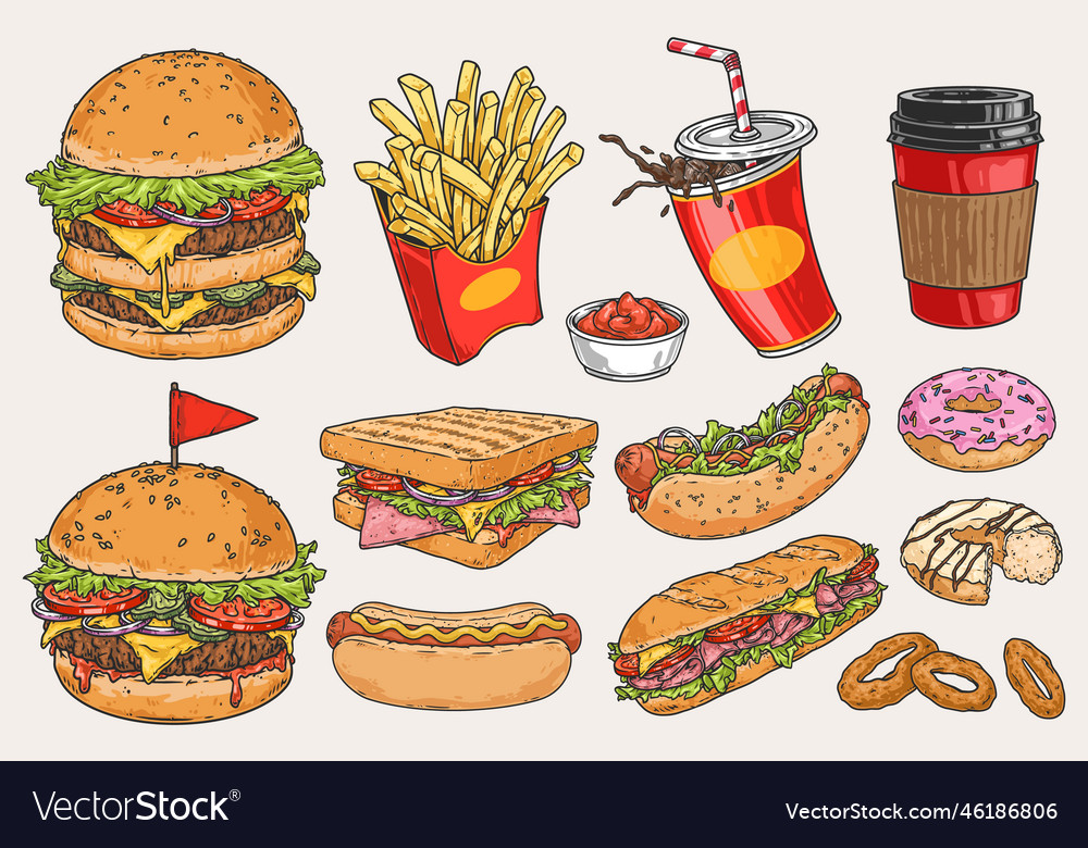 Fast food colorful set stickers Royalty Free Vector Image