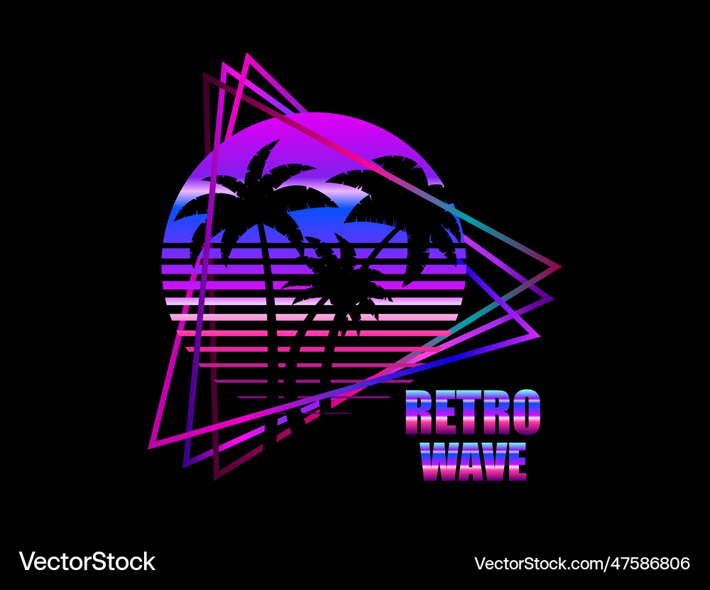 Retro waves banner with sun and palm trees Vector Image