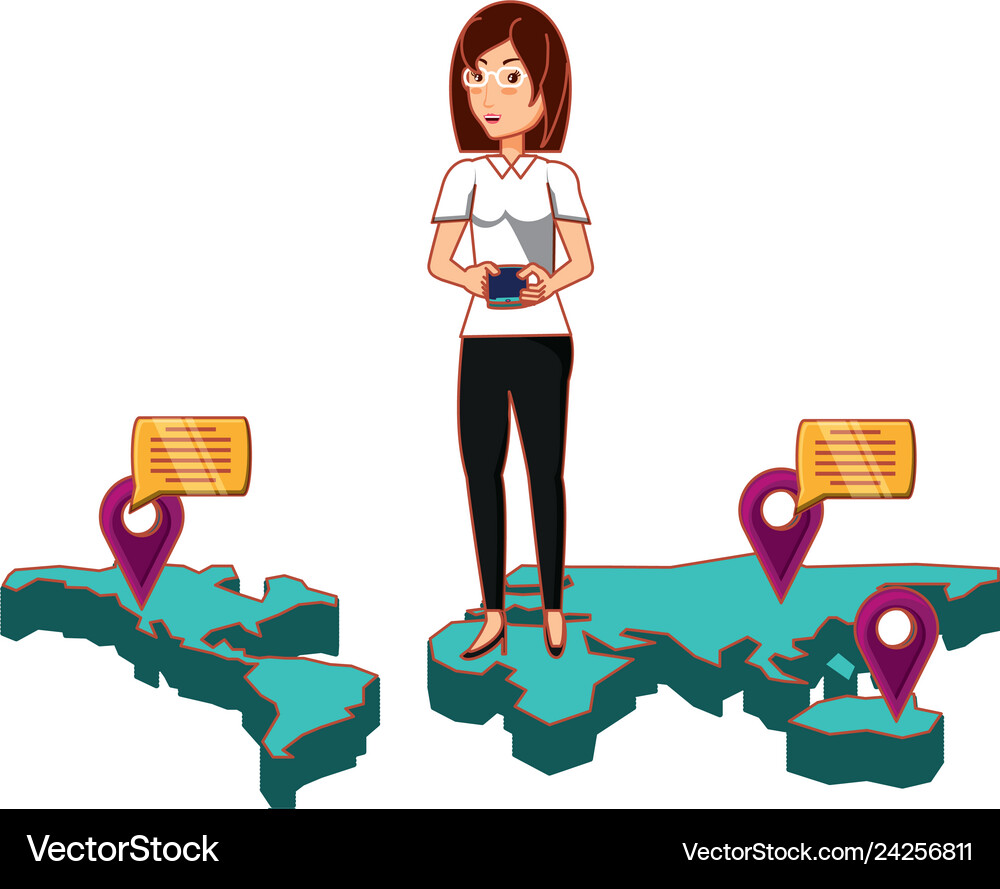 Woman in map with smartphone and set icons Vector Image