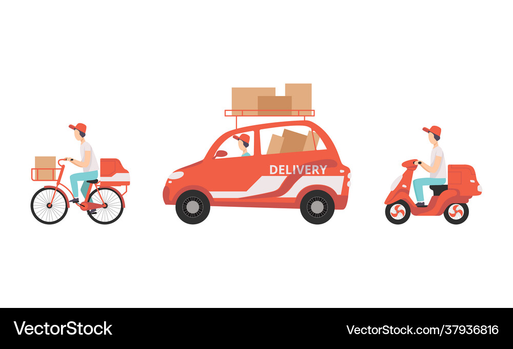 Delivery transport set couriers carrying parcels Vector Image