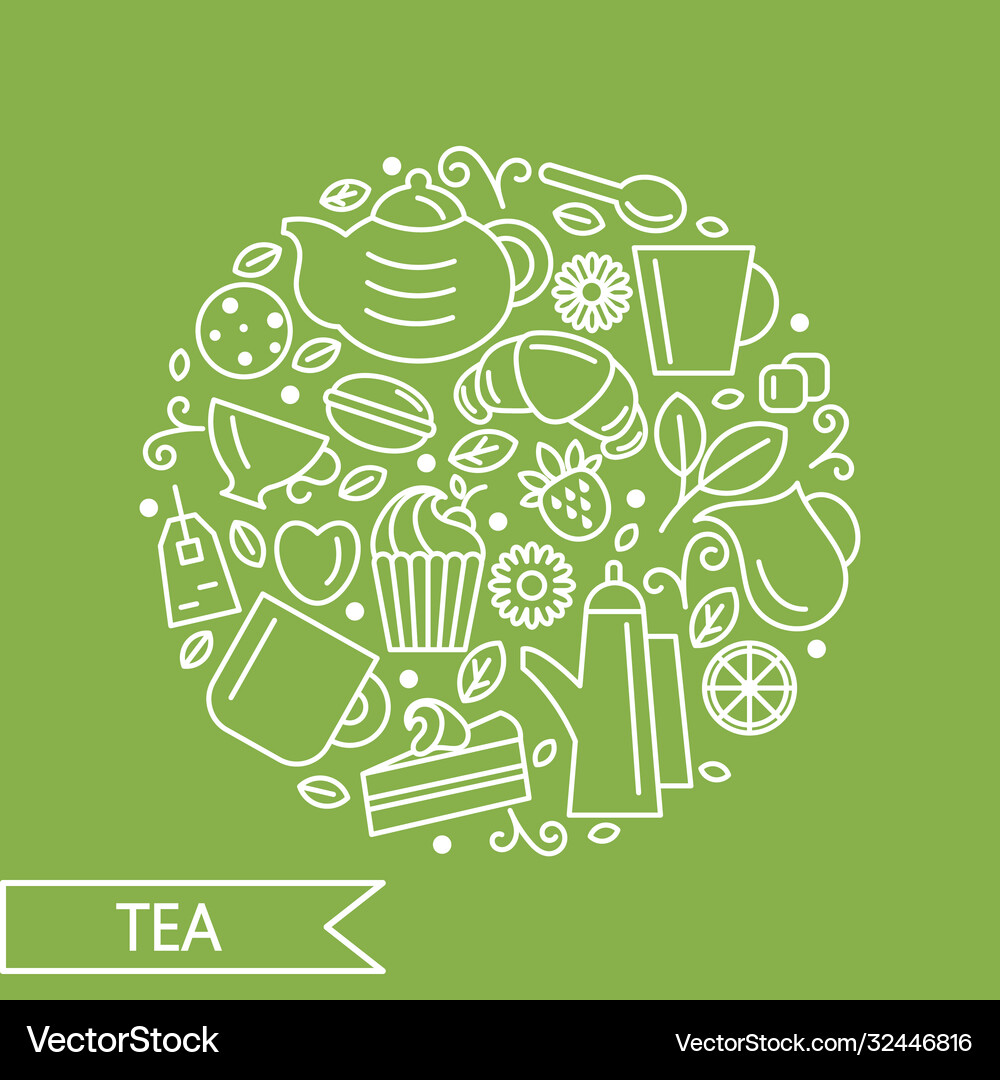 Set tea theme line art draw icons in circle Vector Image