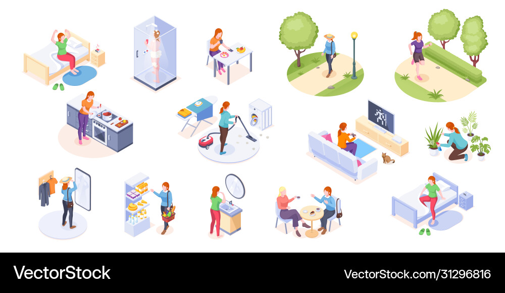Woman daily life home routine activity isometric Vector Image