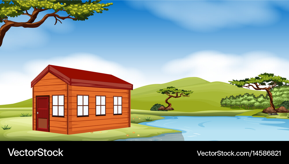 Wooden cottage by the pond Royalty Free Vector Image