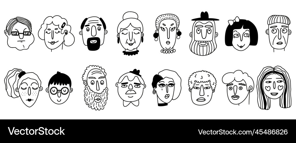 Doodle human faces hand drawn man woman Royalty Free Vector