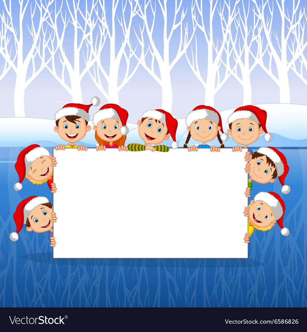 Little kids with a blank sign and christmas hats Vector Image