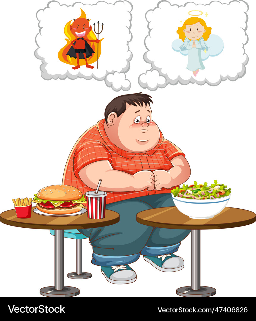 Overweight man fighting between eating healthy or Vector Image