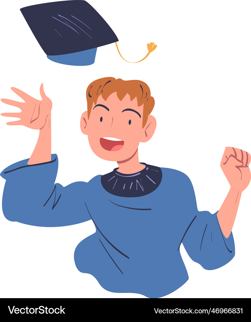 Joyful man graduate character throwing academic Vector Image