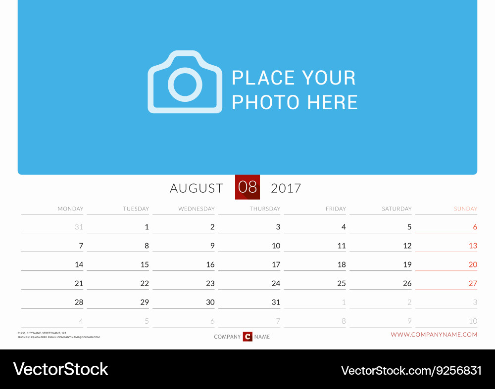 Wall monthly calendar for 2017 year august design Vector Image
