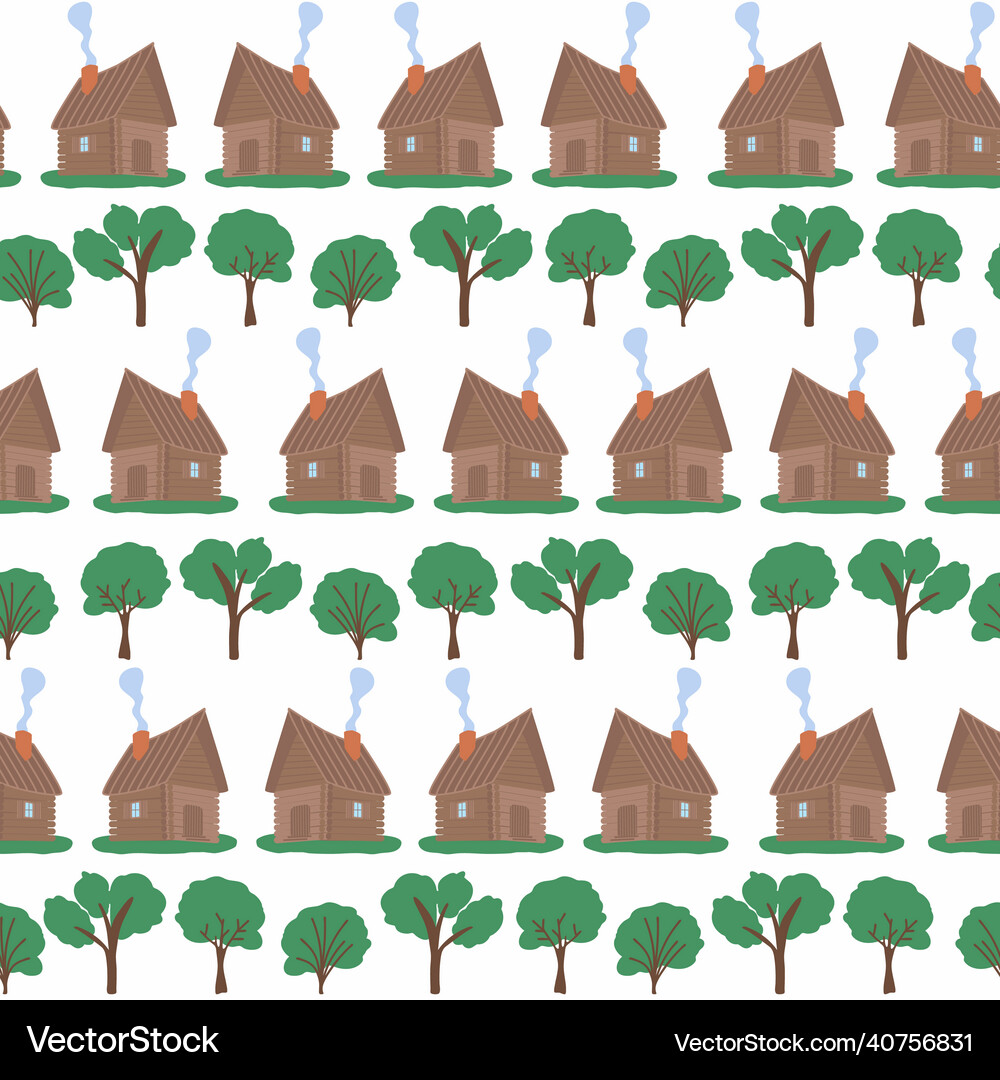 Wooden house in the forest seamless pattern scene Vector Image