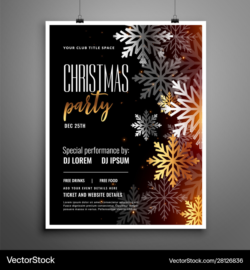 Christmas party flyer with silver snowflakes Vector Image