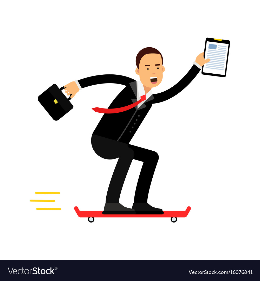 Businessman character riding skateboard Royalty Free Vector