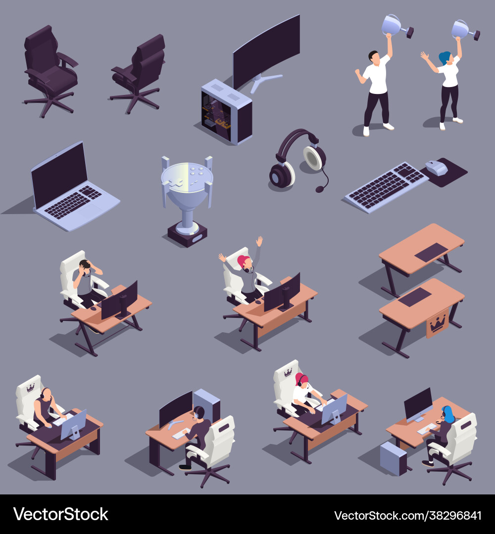 Cyber sport isometric icons set Royalty Free Vector Image