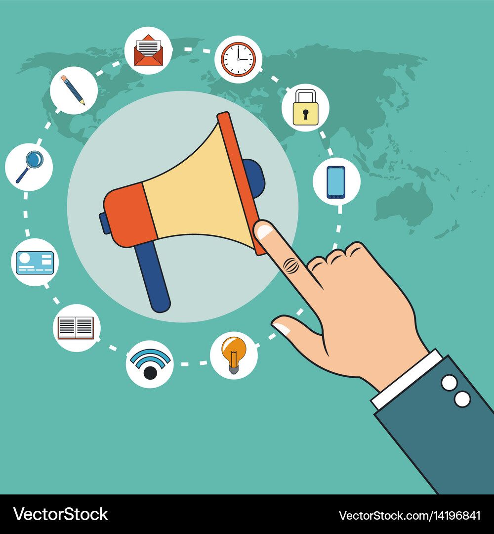Digital marketing hand with loudspeaker world Vector Image