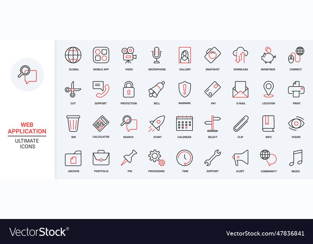 Mobile apps trendy red black thin line icons set Vector Image