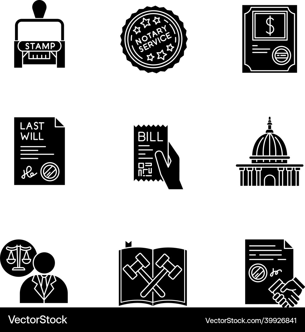 Notary services black glyph icons set on white Vector Image