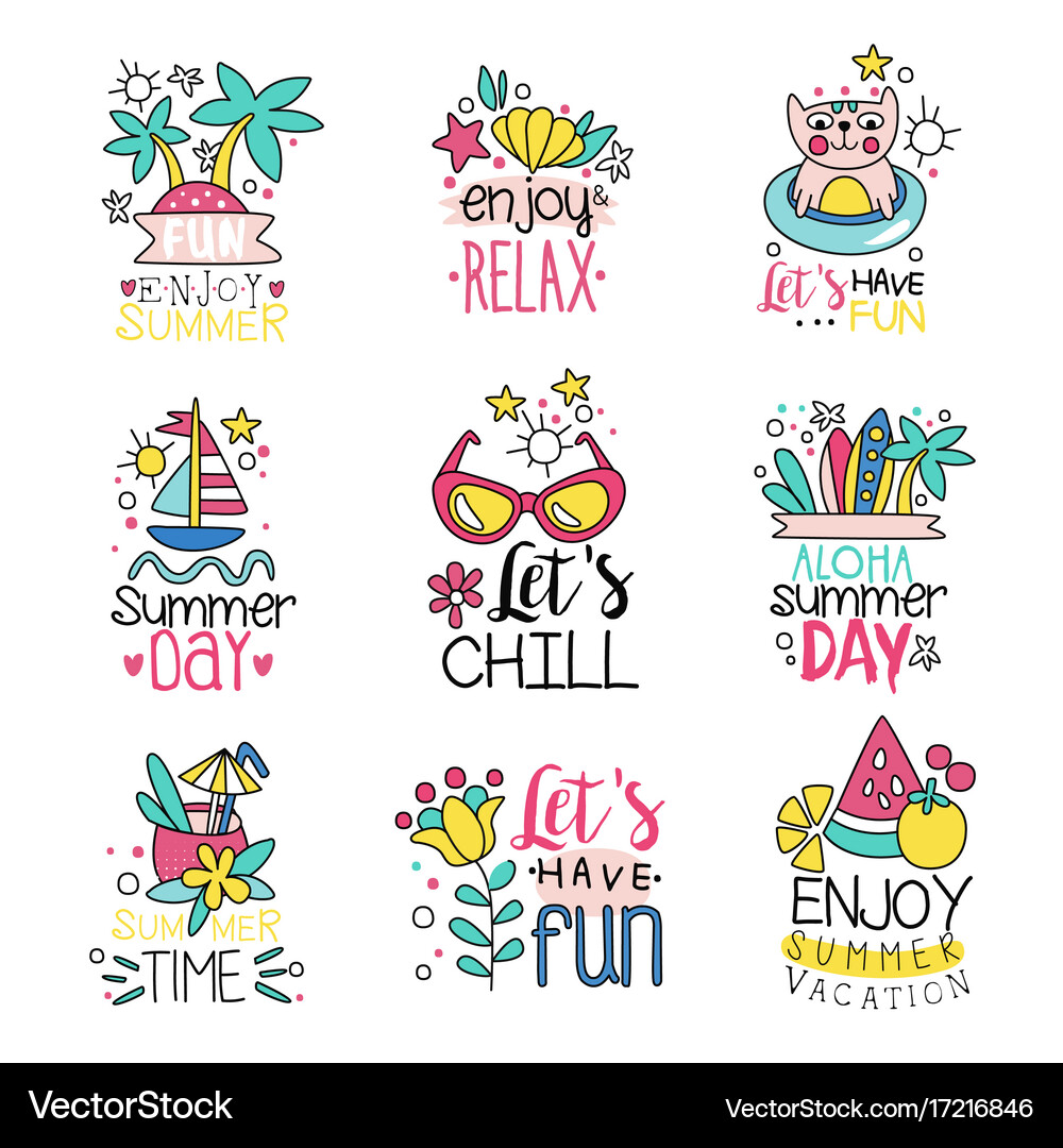 Cute summer labels set enjoy summer vacation hand Vector Image