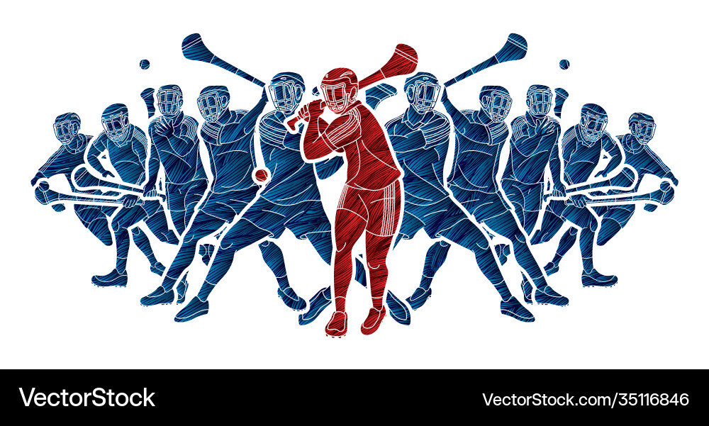 Group hurling sport players action Royalty Free Vector Image