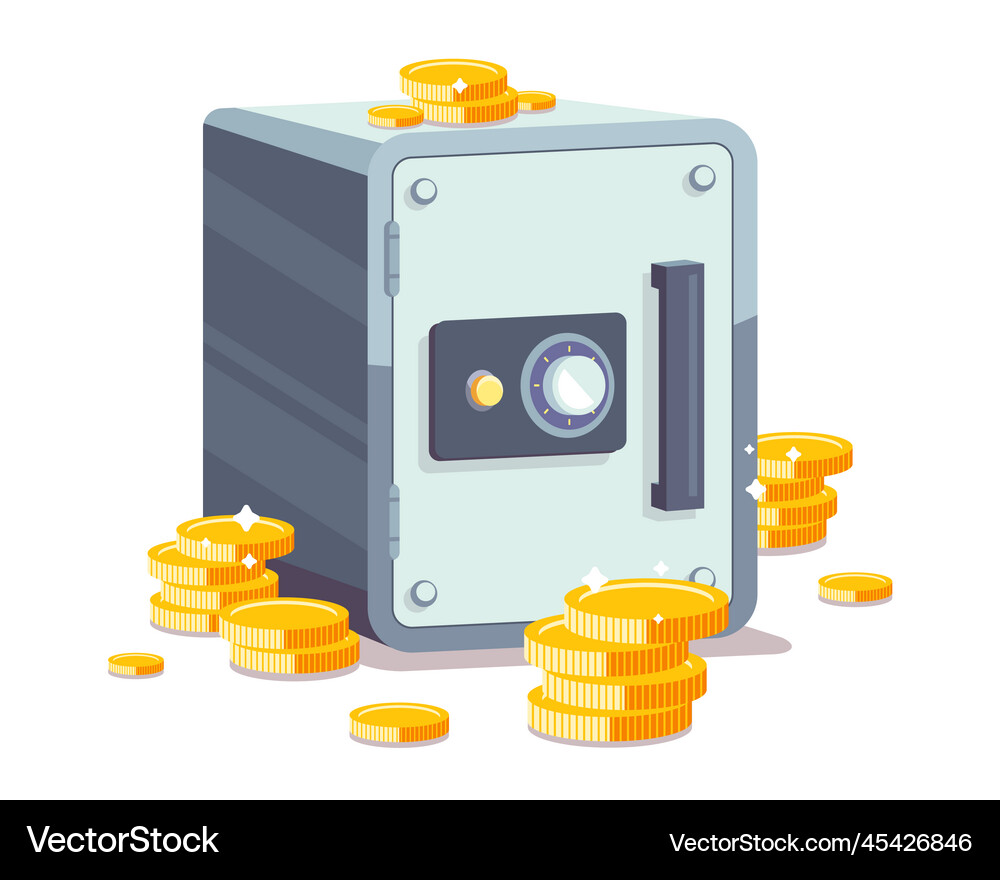 Iron volumetric safe surrounded by gold coins Vector Image