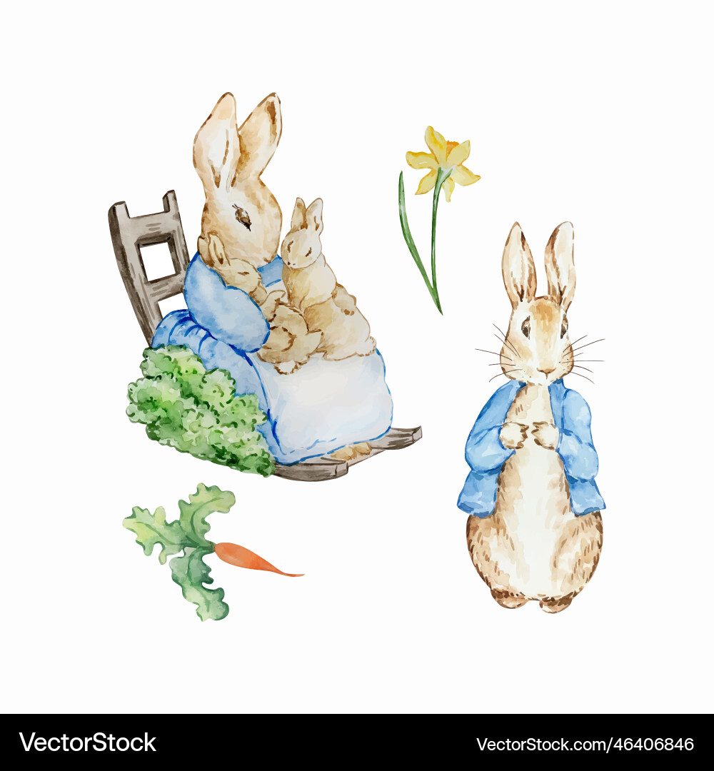 Watercolor cute rabbits in a blue jacket Vector Image