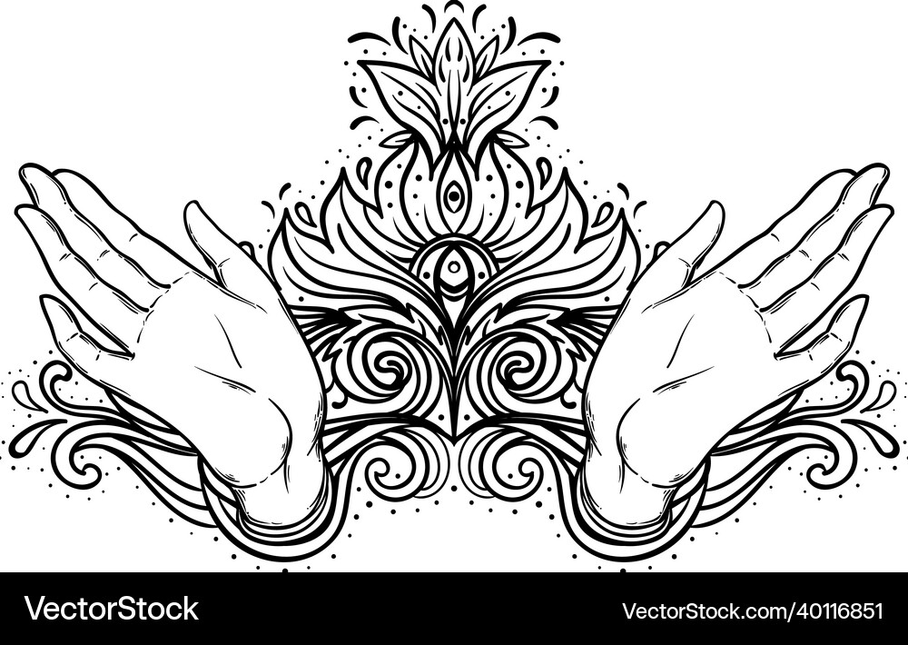 Female open hands over sacred geometry design Vector Image