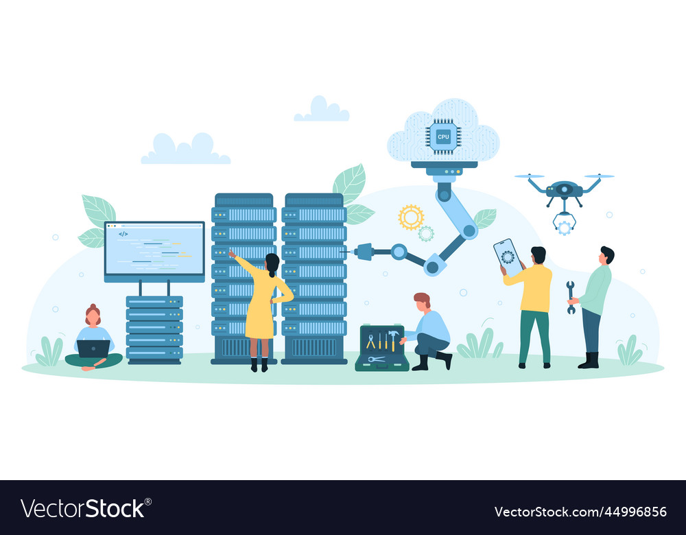 Datacenter technology ai tiny people work Vector Image