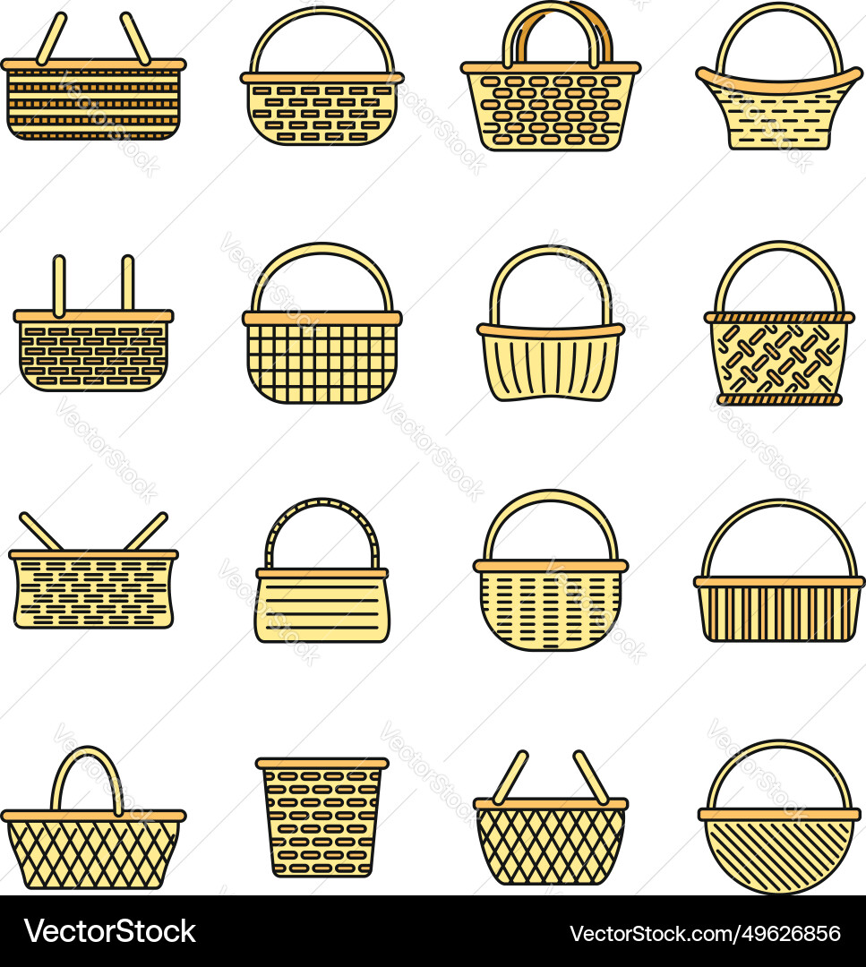 Picnic wicker icons set color Royalty Free Vector Image