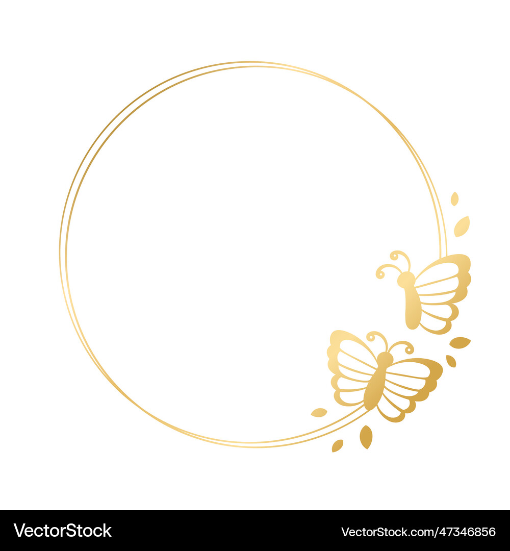 Round gold frame with butterflies silhouette Vector Image