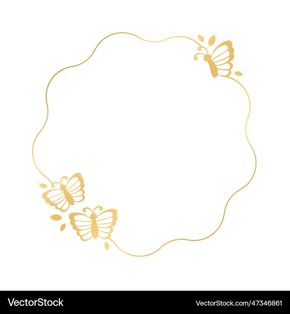 Round gold frame with butterflies silhouette Vector Image