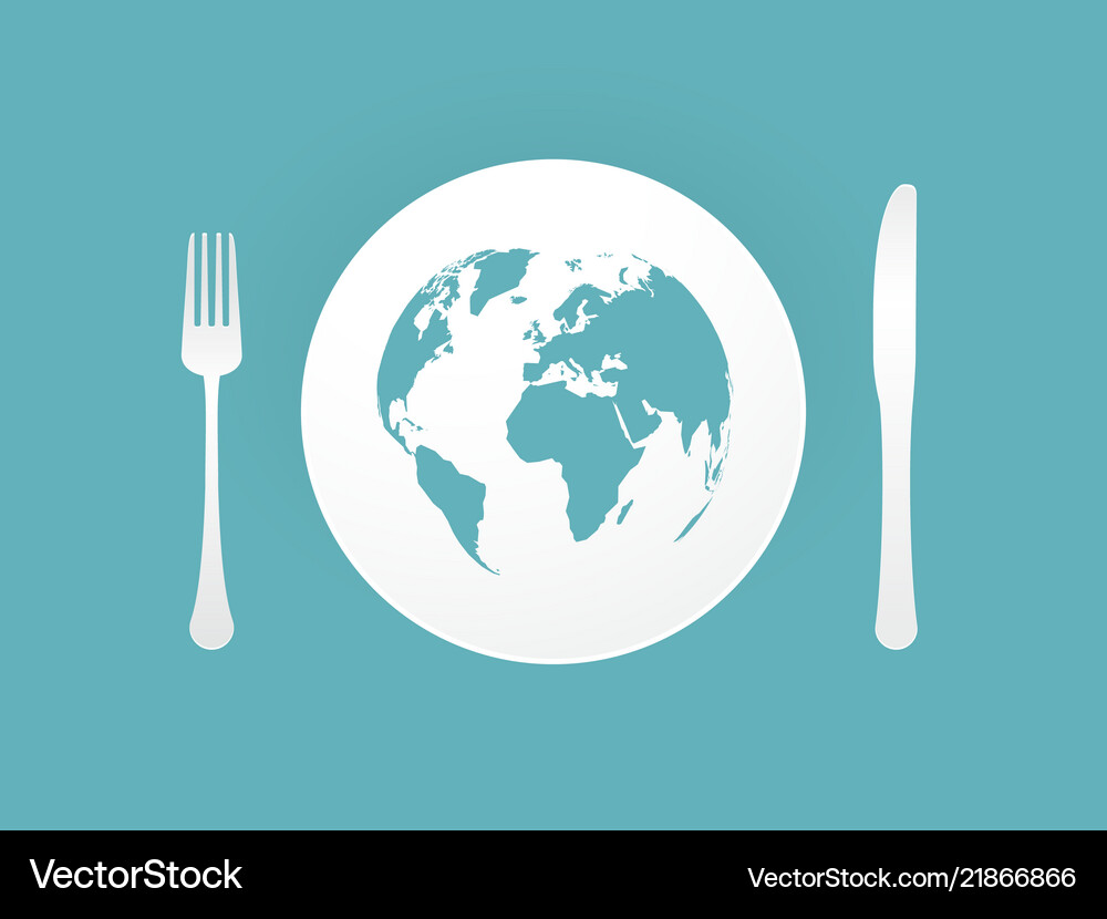 Plate with cutlery and blue world map Royalty Free Vector