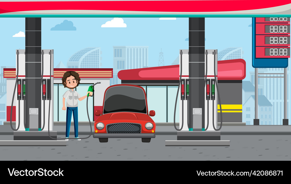 Gas station cartoon scene Royalty Free Vector Image