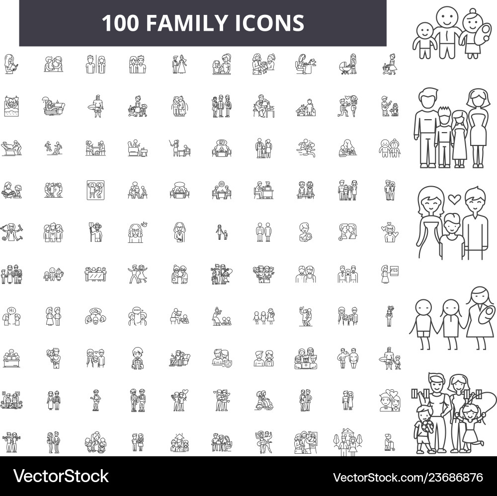 Family editable line icons 100 set Royalty Free Vector Image