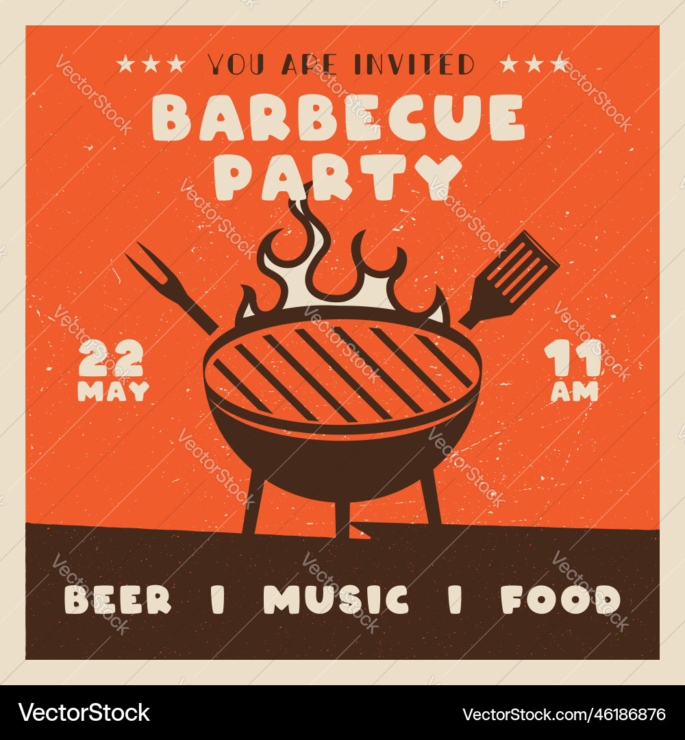 Retro bbq party card template bbq grill square Vector Image