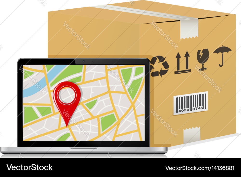 Carton parcel box and laptop with gps map Vector Image