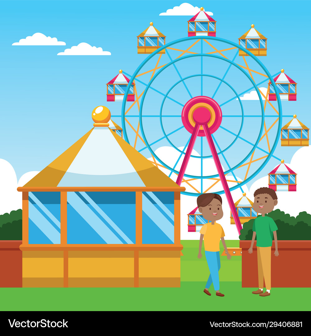 Cartoon boys standing over ferris wheel Royalty Free Vector