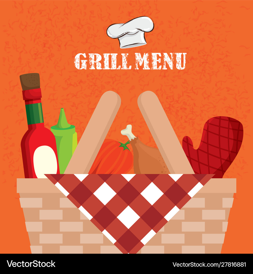 Grill menu with basket wicker and vegetables Vector Image
