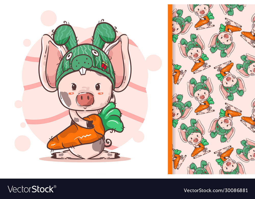Hand drawn a little pig with a bunny hat Vector Image