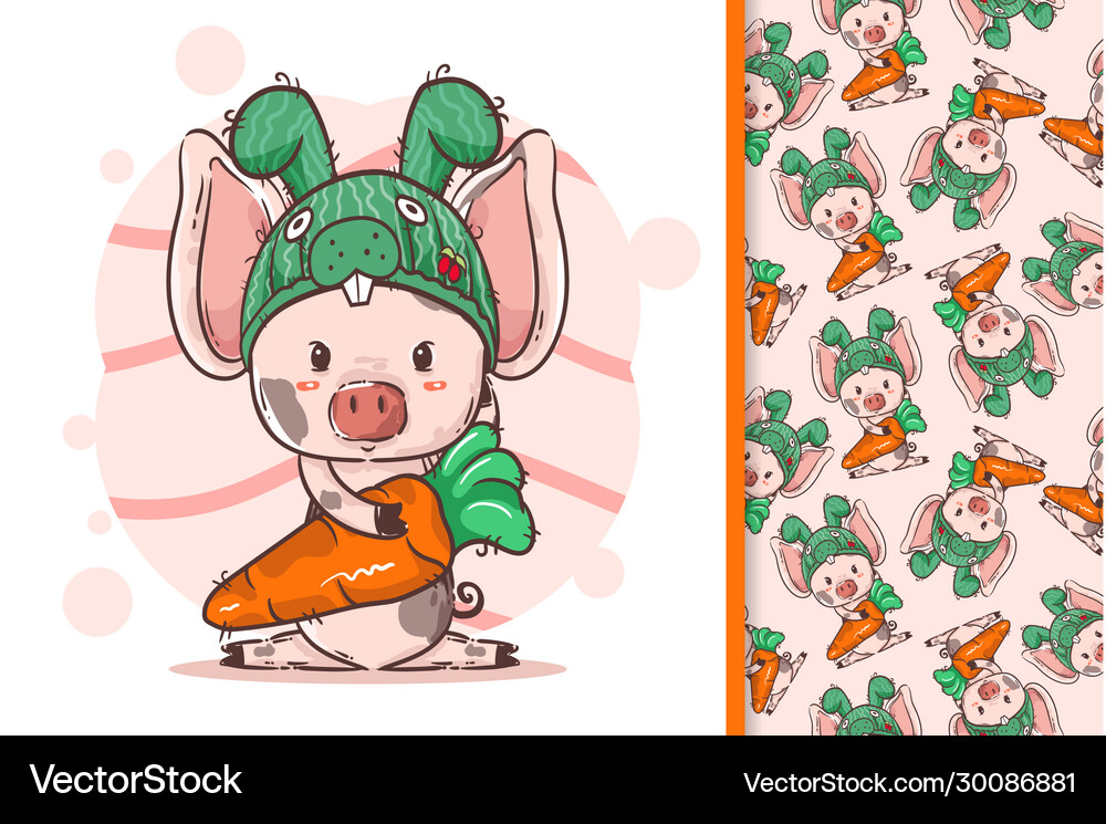 Hand drawn a little pig with bunny hat Royalty Free Vector