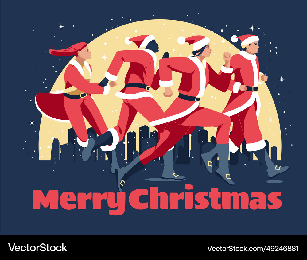 Santa clauses are running a marathon against Vector Image