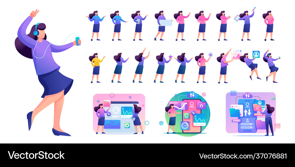 Set young woman presentation in various Royalty Free Vector
