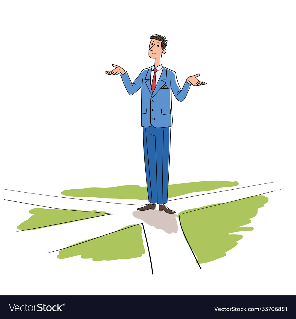 Thoughtful Businessman Standing On Crossroads Vector Image